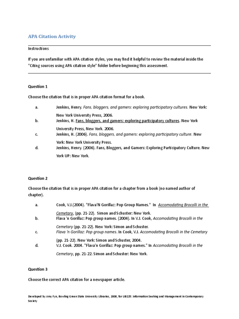 APA Citation Activity | PDF | Citation | Information Science