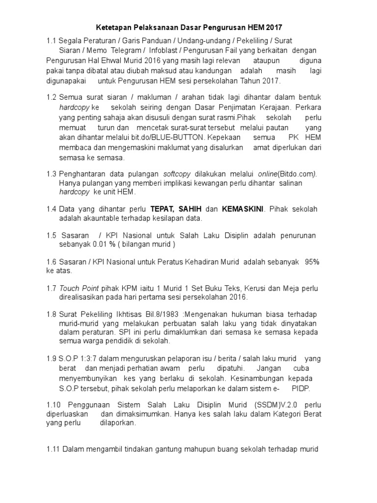 Ketetapan Pelaksanaan Dasar Pengurusan HEM PPD Kuching | PDF