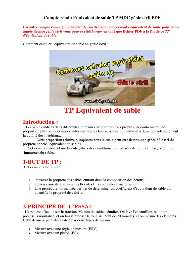 Compte Rendu Equivalent de Sable TP MDC Génie Civil PDF | PDF | Science | Ingénierie