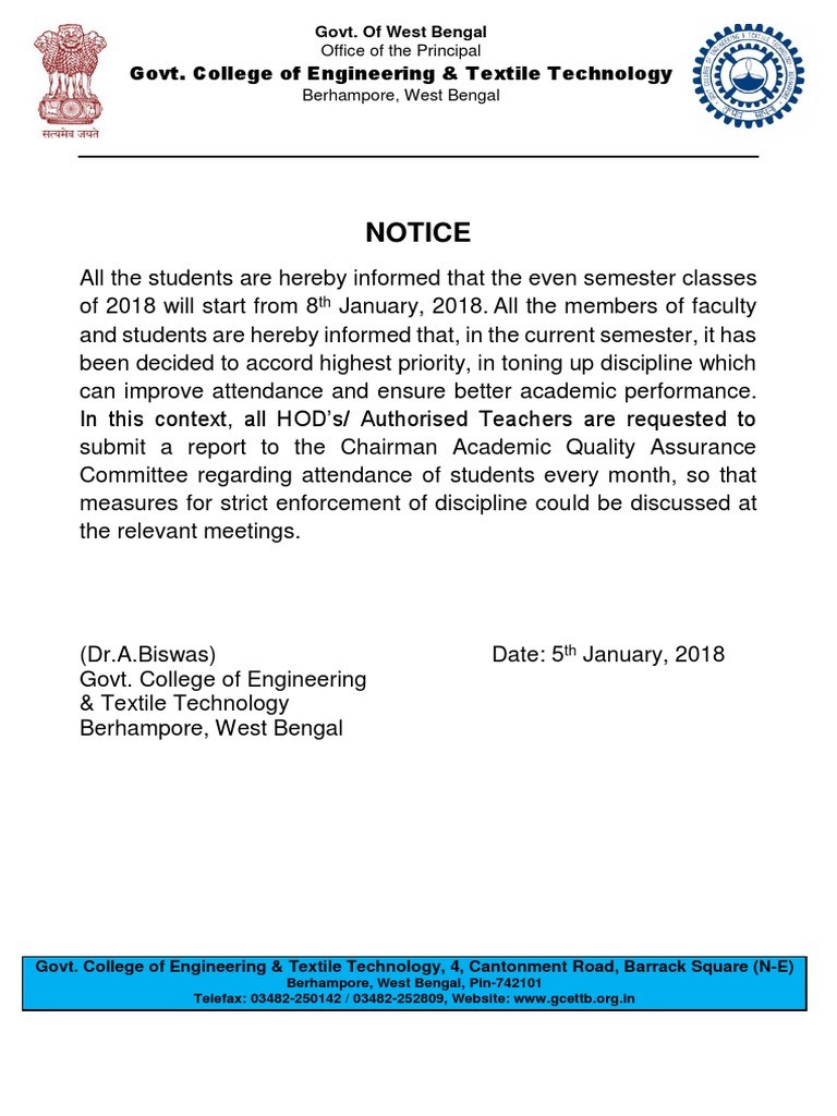Notice: Govt. College of Engineering & Textile Technology | PDF