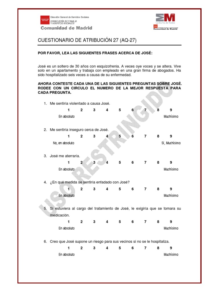 Cuestionario AQ-27 sobre Esquizofrenia | PDF | Esquizofrenia ...