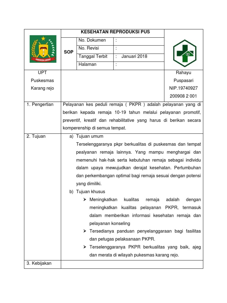 SOP Pelayanan Kesehatan Remaja PKPR | PDF