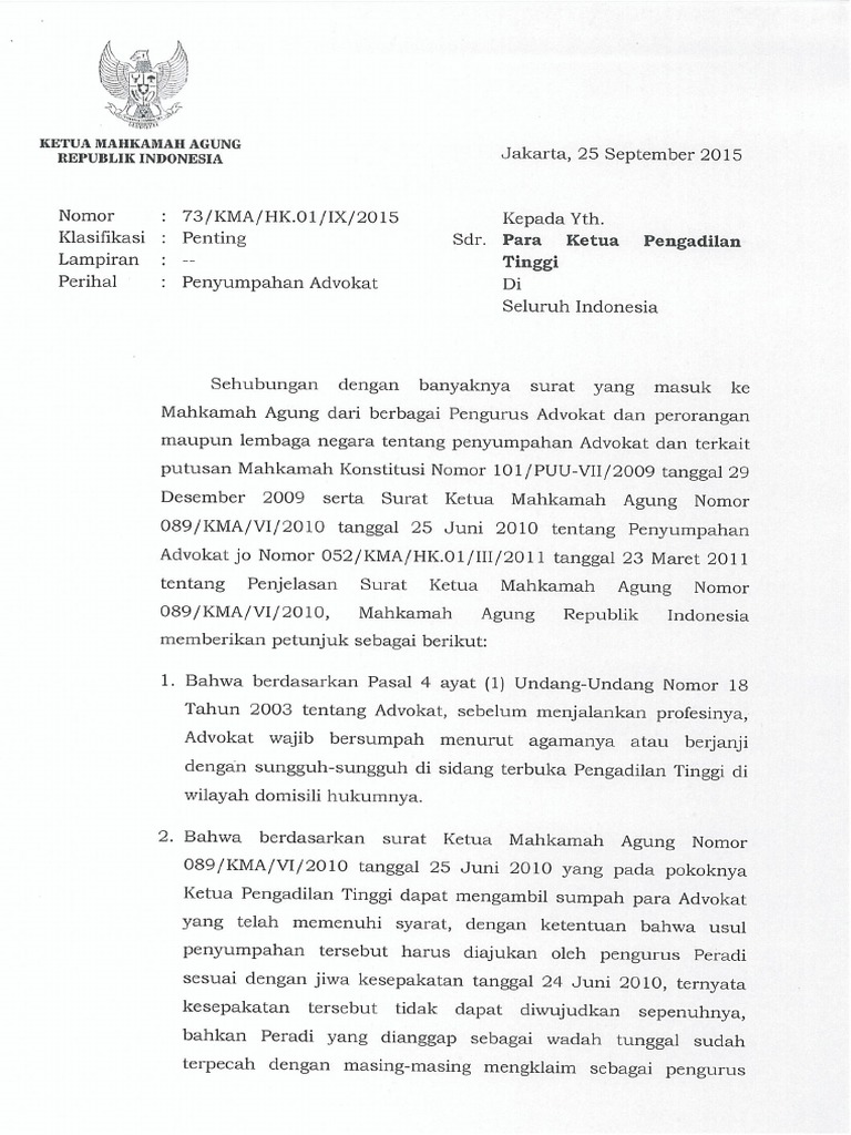 Skma No. 73 2015 Sumpah Advokat PDF | PDF