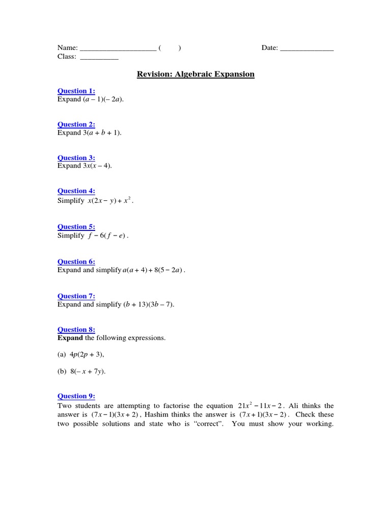 Algebraic Expansion Revision | PDF