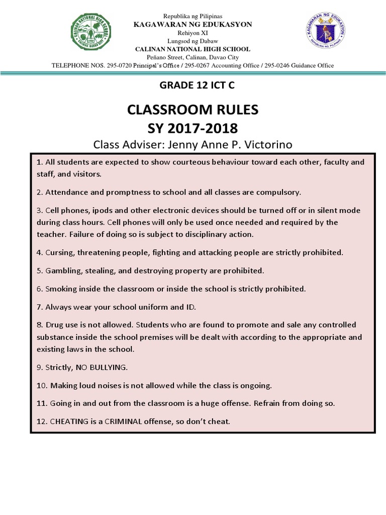 Classroom Rules SY 2017-2018: Class Adviser: Jenny Anne P. Victorino | PDF