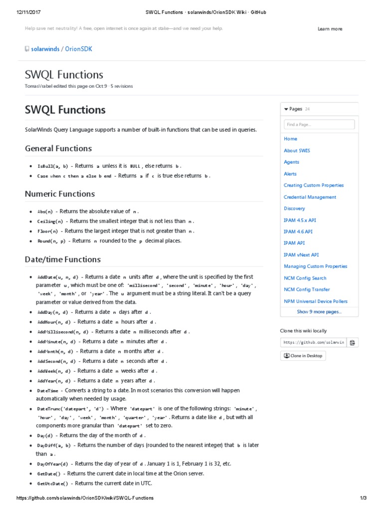 SWQL Functions Solarwinds - OrionSDK Wiki GitHub | PDF | Parameter (Computer Programming ...
