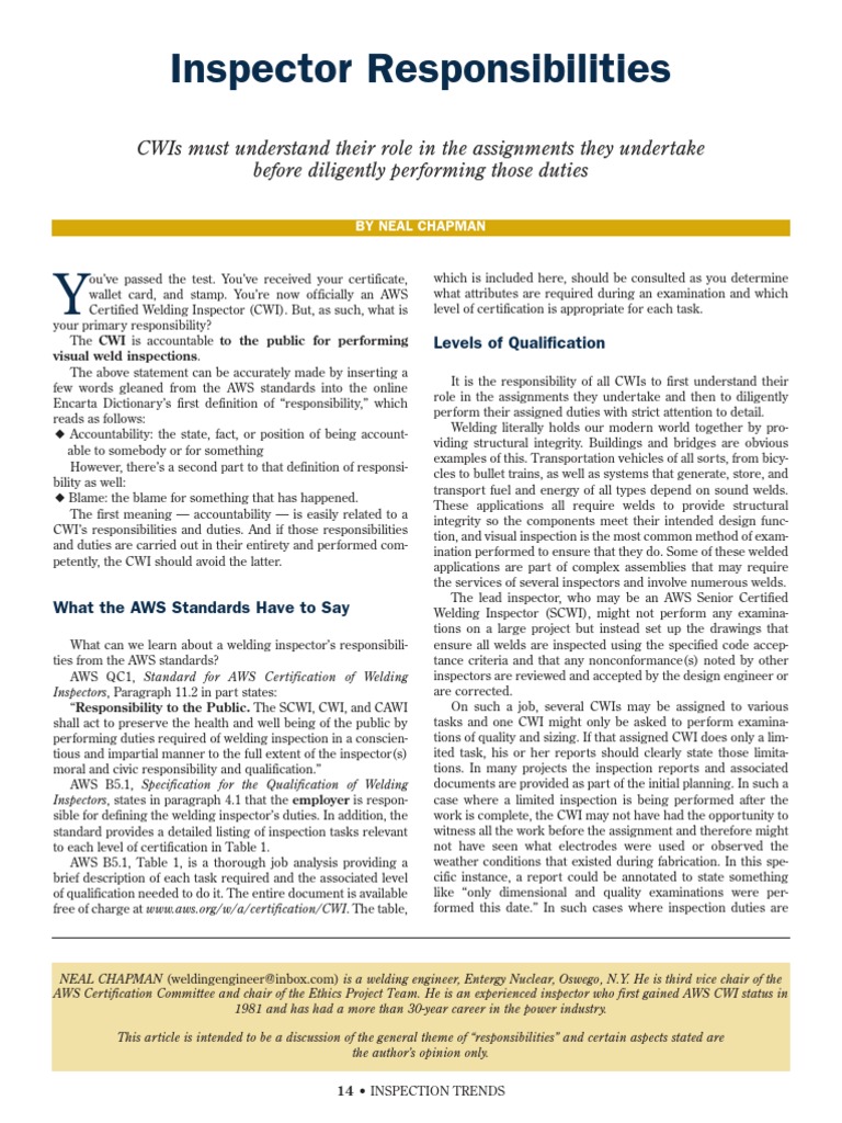 AWS CWI Inspector Responsibilities | Welding | Business | Free 30-day ...