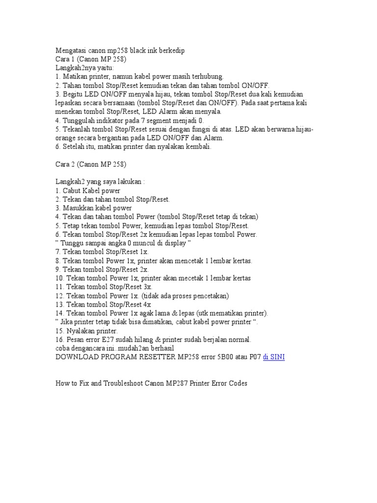 Canon Mp258 Black Ink Berkedip | PDF