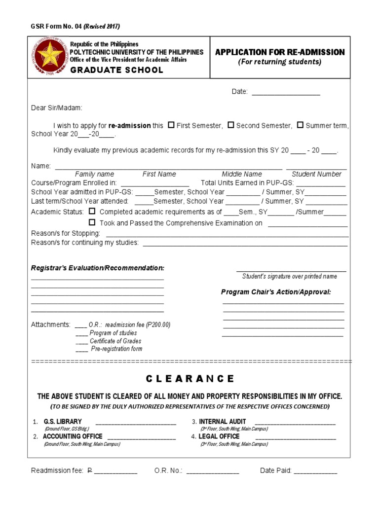 GSR Form No. 04 Application For Re-Admission | PDF | Students | Academia
