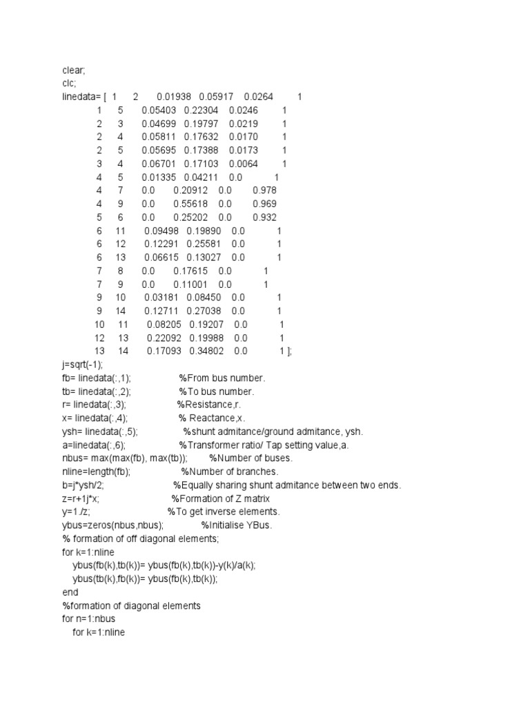 Y Bus Matrix For Ieee 14 Bustxt Mathematical Relations Electrical Engineering 