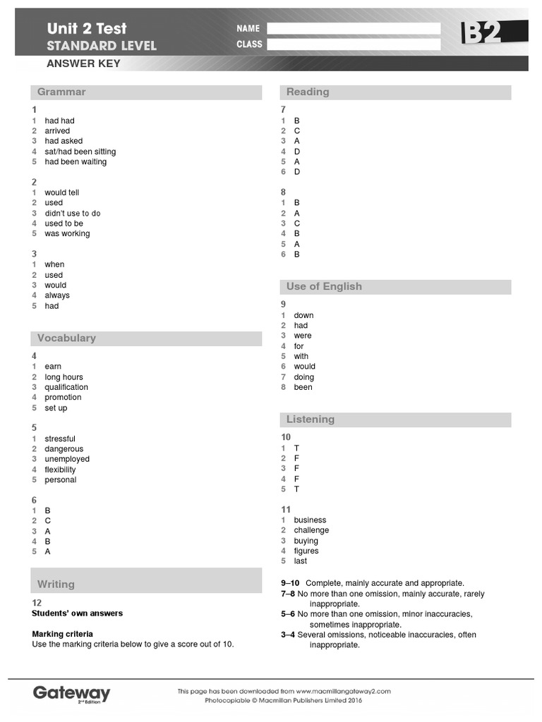 B2 UNIT 2 Test Answer Key Standard | PDF | Linguistics | Cognition