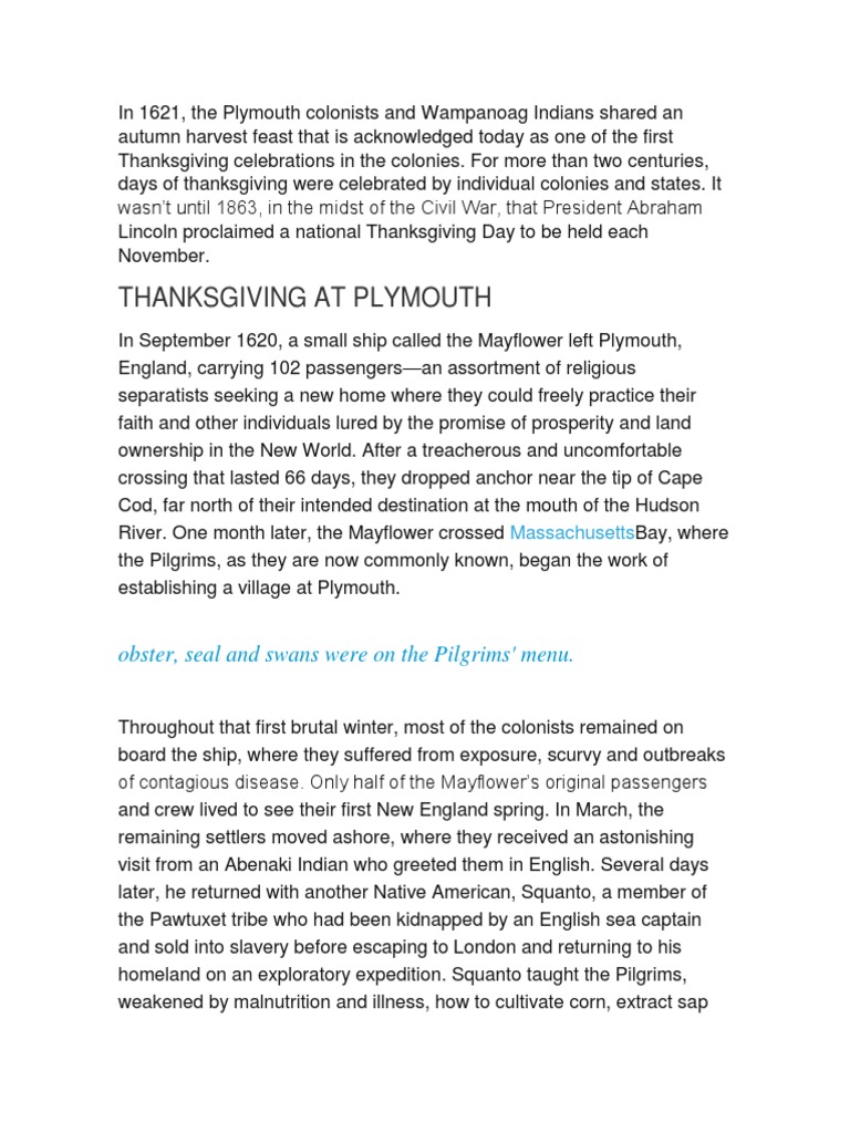 Thanksgiving at Plymouth: Obster, Seal and Swans Were On The Pilgrims ...