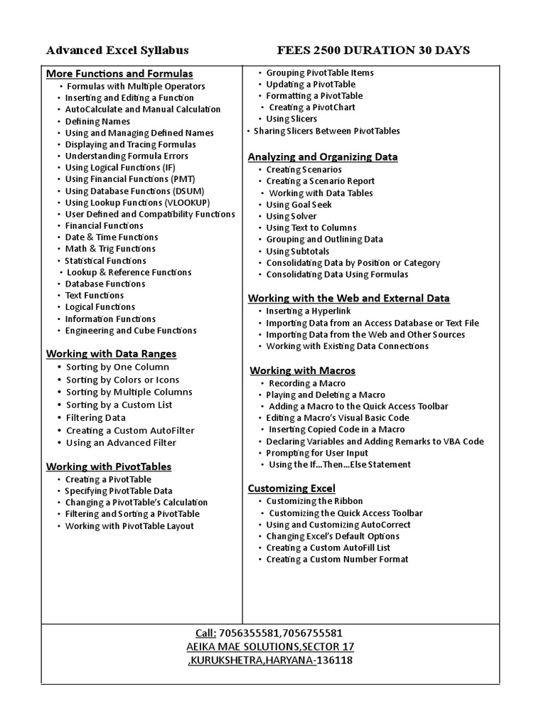 Advanced Excel Syllabus Fees 2500 Duration 30 Days: More Functions and Formulas | PDF ...