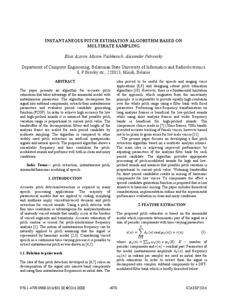 Instantaneous Pitch Estimation Algorithm Based On Multirate Sampling Pdf Sampling Signal