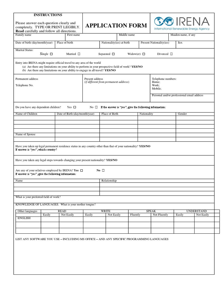 IRENA Application Form Instructions | PDF | Nationality | Employment