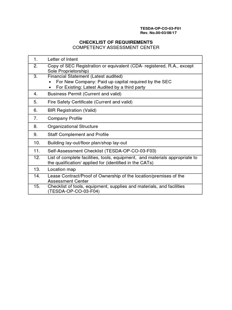 TESDA Accreditation Requirements Checklist | PDF | Balance Sheet ...