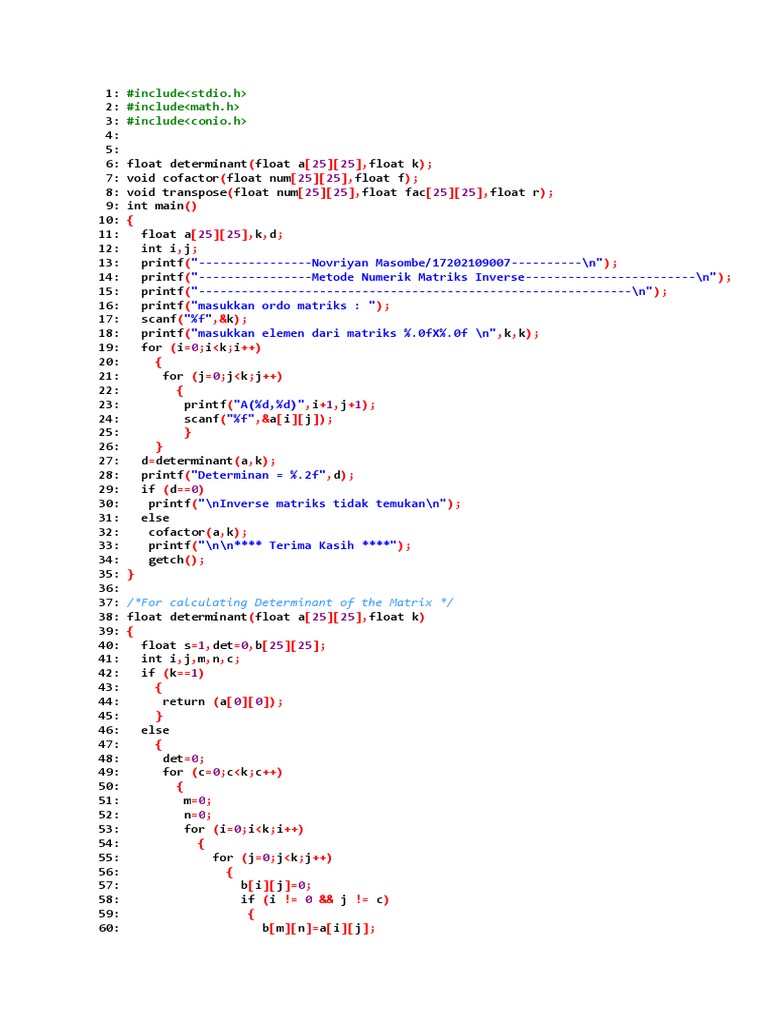 C Program to Calculate Inverse of a Matrix Using Cofactor Method | PDF ...