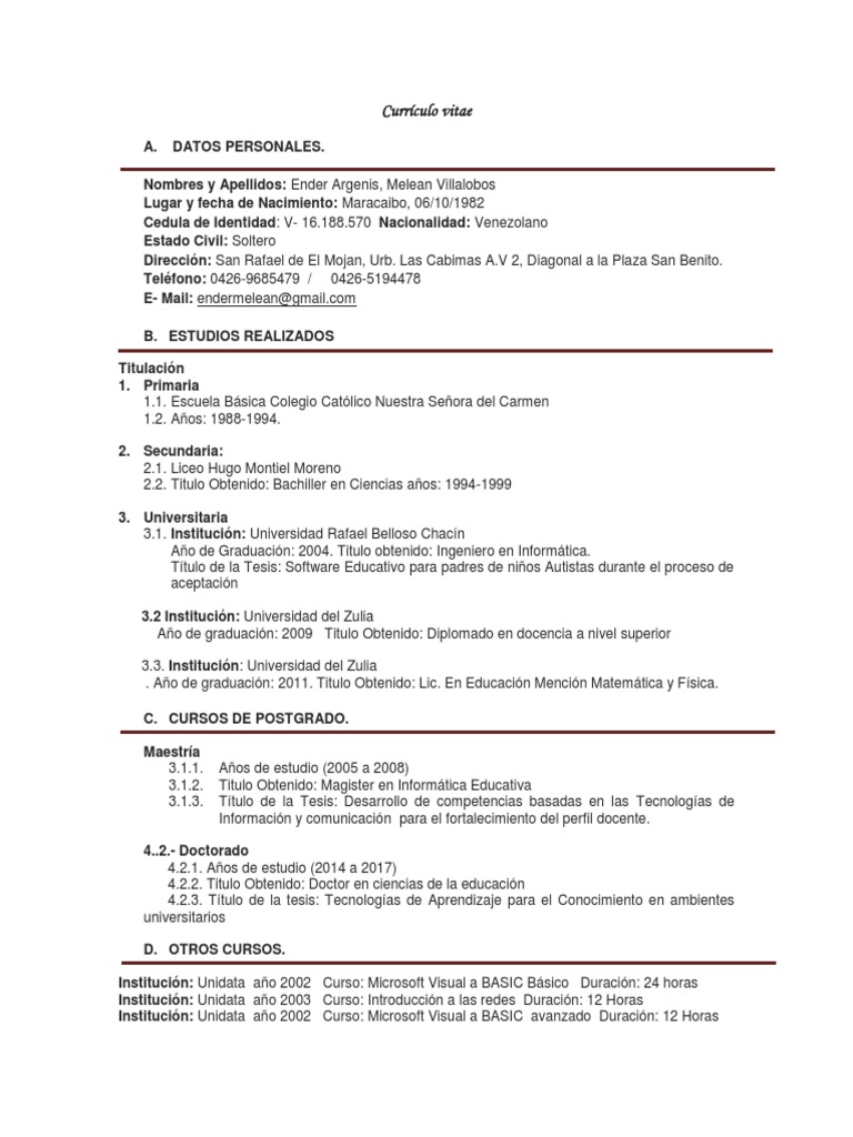 CV Ender Melean: Educación y Experiencia | PDF | Universidad | Titulo academico