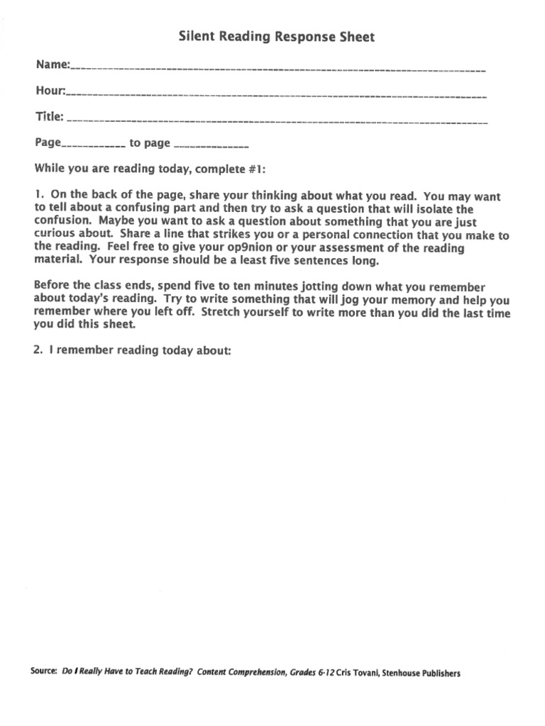 Student - Silent Reading Response Sheet | PDF