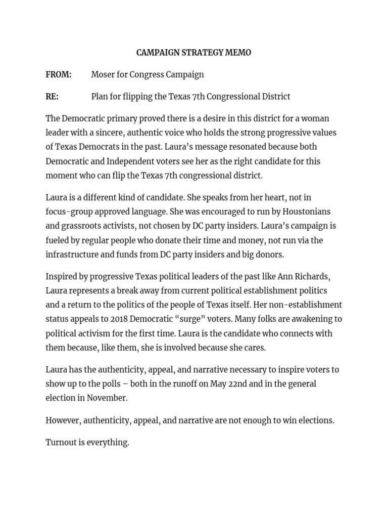 Moser Campaign Strategy Memo | PDF | Two Round System | Democratic ...
