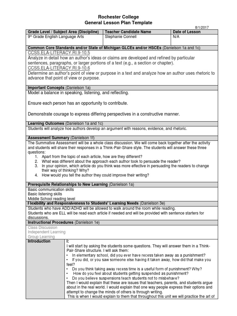 Rochester College General Lesson Plan Template: CCSS - ELA-LITERACY ...