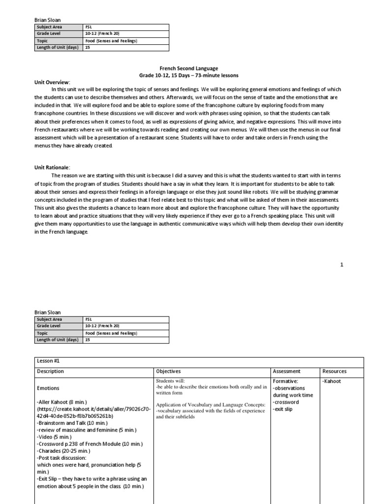 FSL 10-20-30 Unit Plan | PDF | Educational Assessment | Menu