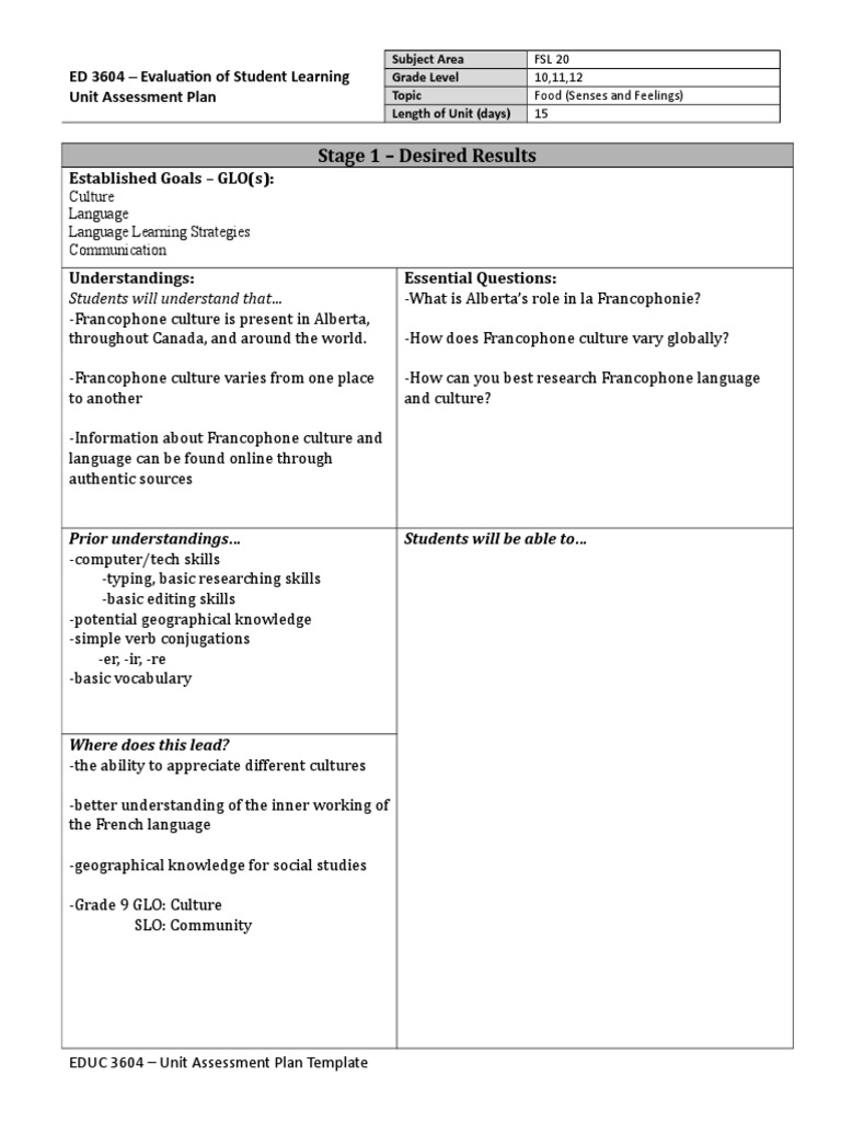 FSL 20 Unit Assessment Plan | PDF | French Language | Quiz
