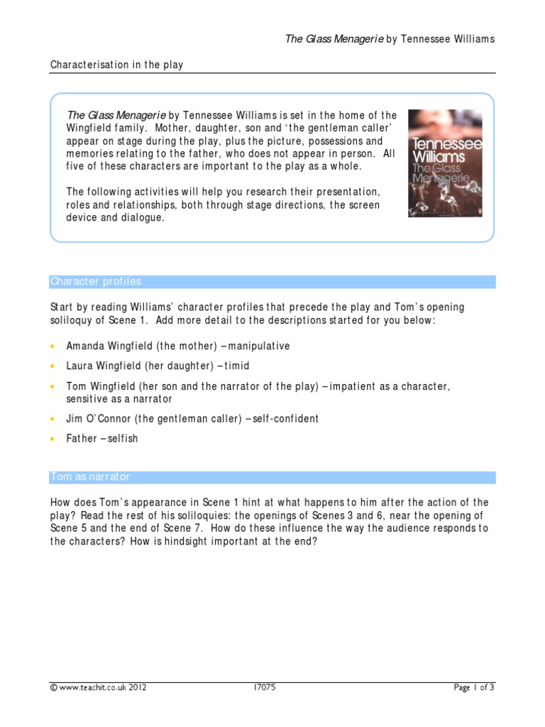 The Glass Menagerie by Tennessee Williams: Character Profiles | PDF ...