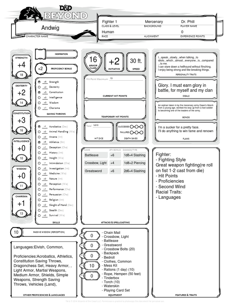 Character Sheet - Fighter | PDF | Role Playing Games | Leisure