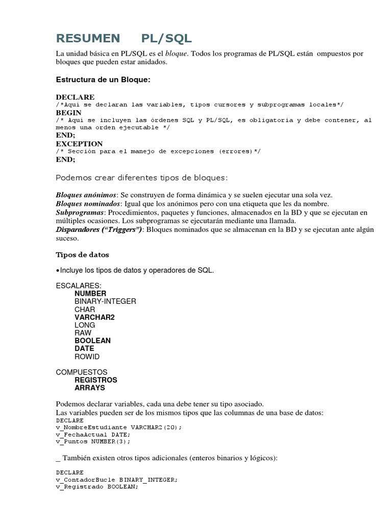Resumen PL/SQL | PDF | Pl / Sql | SQL