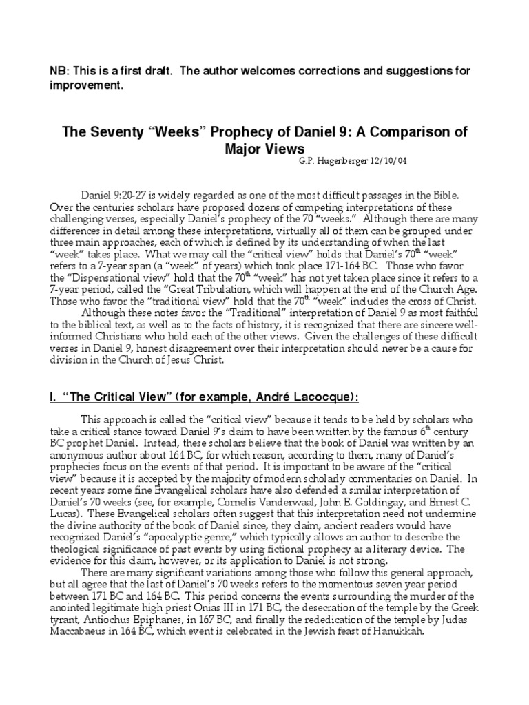 The Seventy "Weeks" Prophecy of Daniel 9: A Comparison of Major Views ...