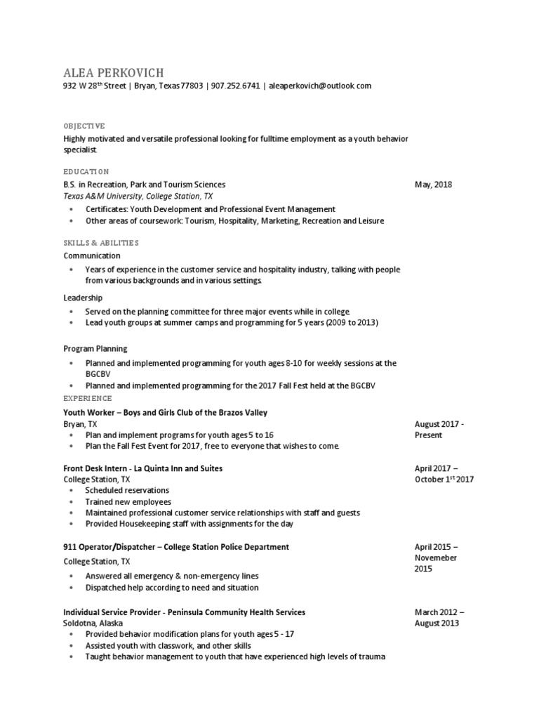 Alea Perkovich Youth Resume | PDF | Employment | Psychology