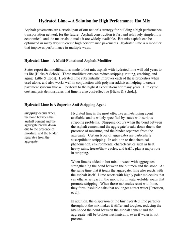 Hydrated Lime - A Solution For High Performance Hot Mix | PDF | Asphalt ...