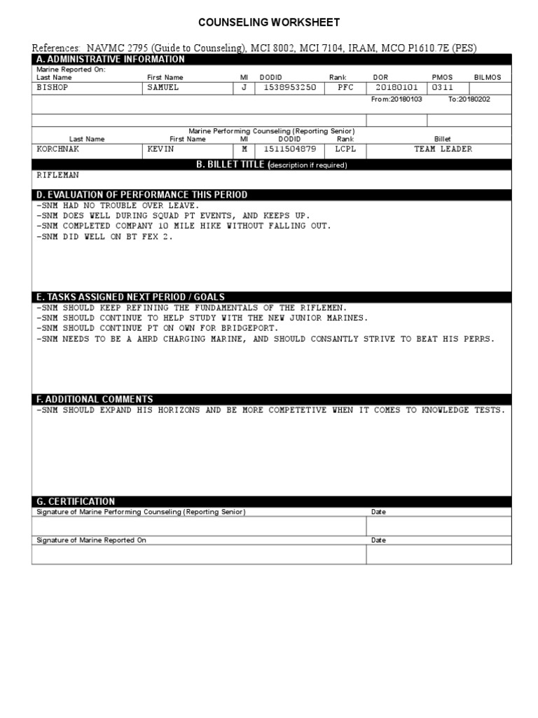 References: NAVMC 2795 (Guide to Counseling), MCI 8002, MCI 7104, IRAM ...