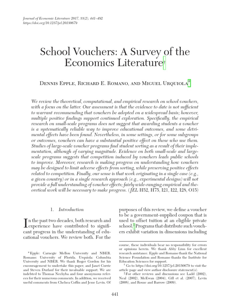 School Vouchers: A Survey of The Economics Literature: Dennis Epple ...