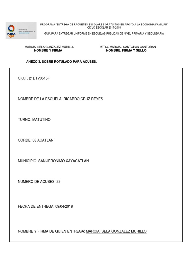 Formato de Acuse de Entrega de Uniformes.