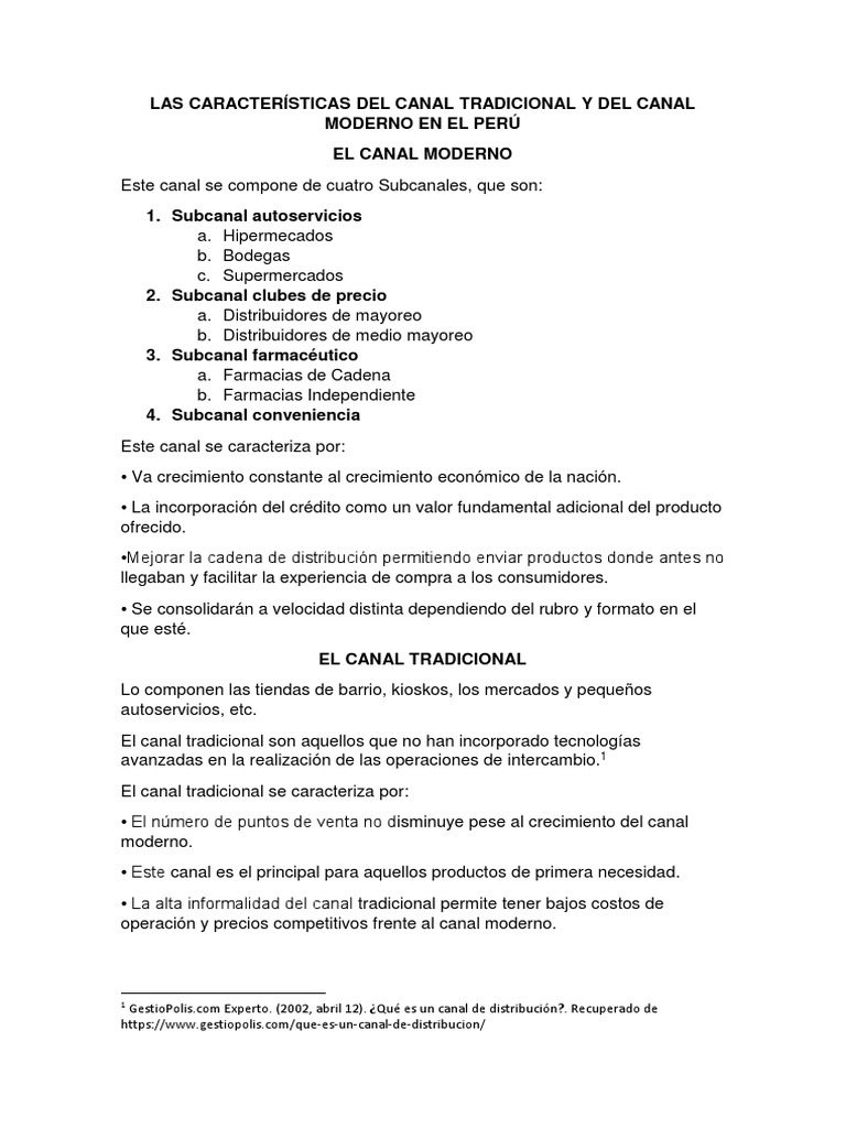 Las Características Del Canal Tradicional y Del Canal Moderno en El ...
