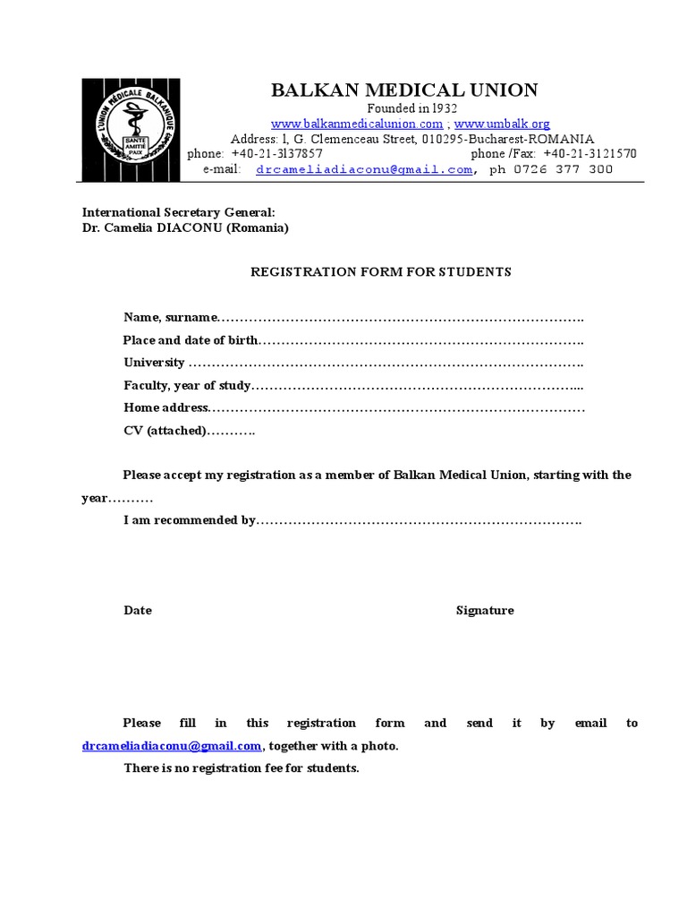 Student Registration for Balkan Medical Union | PDF