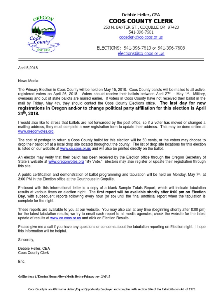 2018-04-05 News Media Notice-Primary | PDF | Elections | Mail