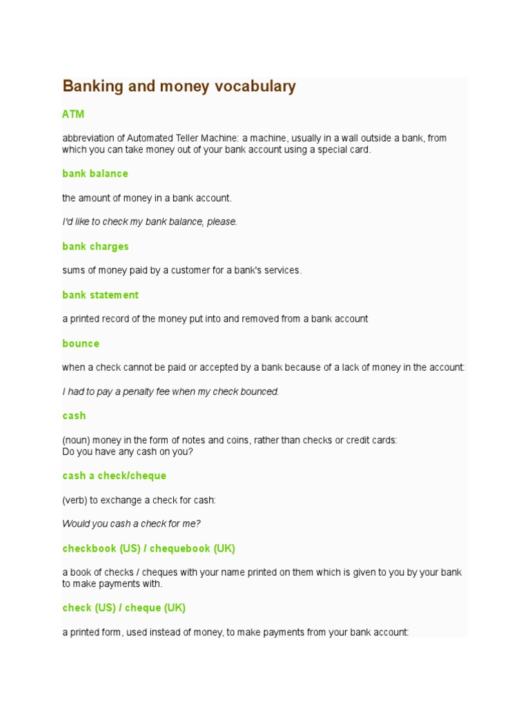 Banking and Money Vocabulary | PDF | Cheque | Banks