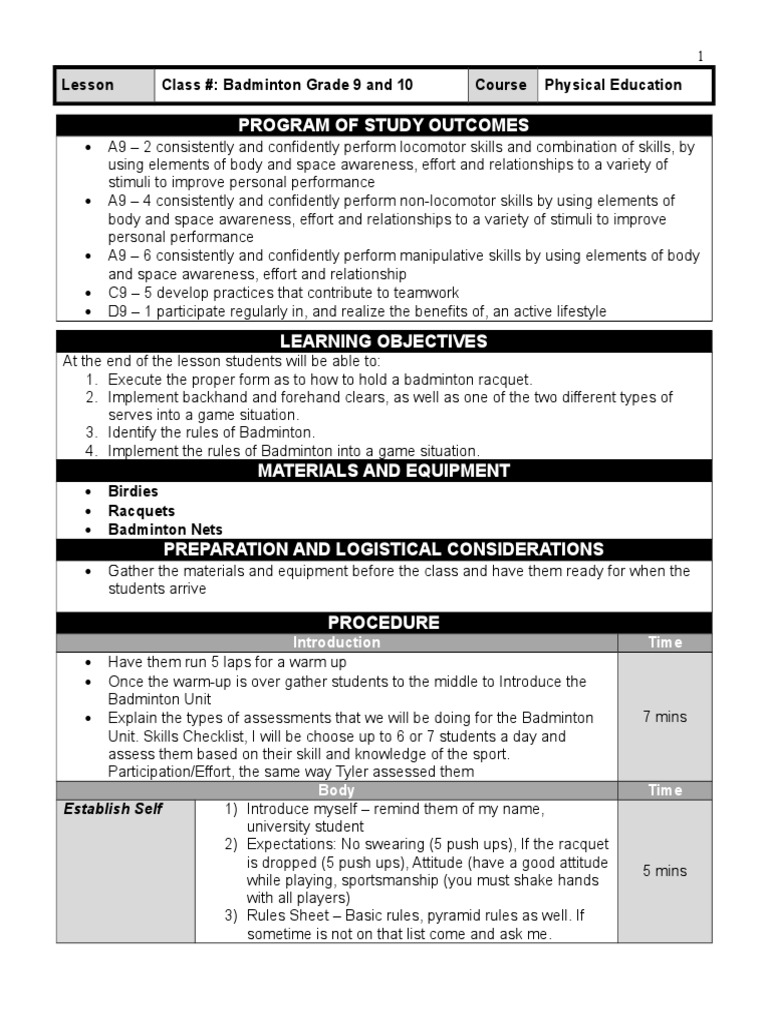 Grade 9 Badminton Lesson Plan | PDF | Physical Education | Educational ...