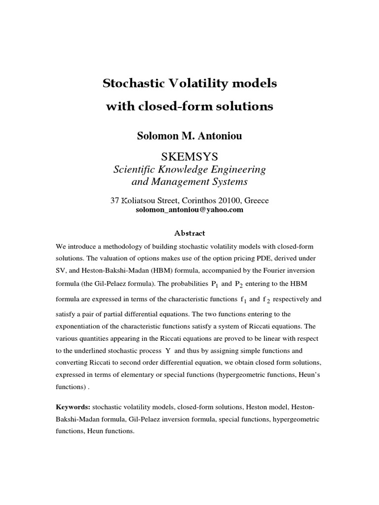 Stochastic Volatility Models With Closed-Form Ssolutions | PDF | Black ...