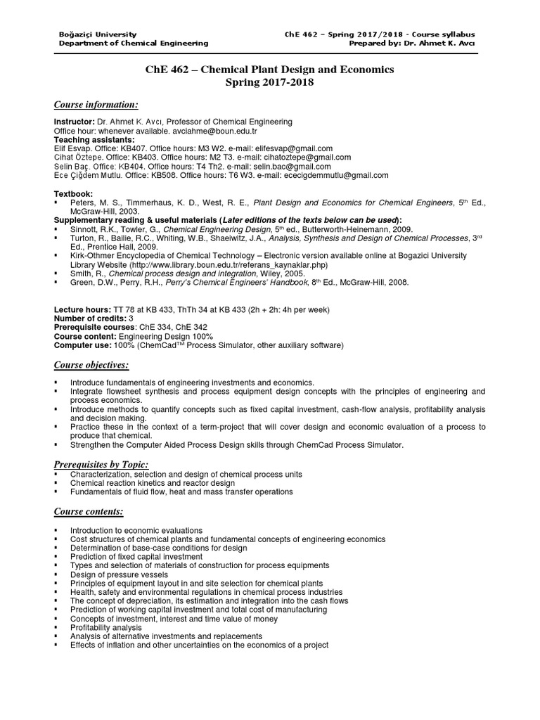 ChE462 Course Syllabus Spring1718 | PDF | Academic Dishonesty | Design