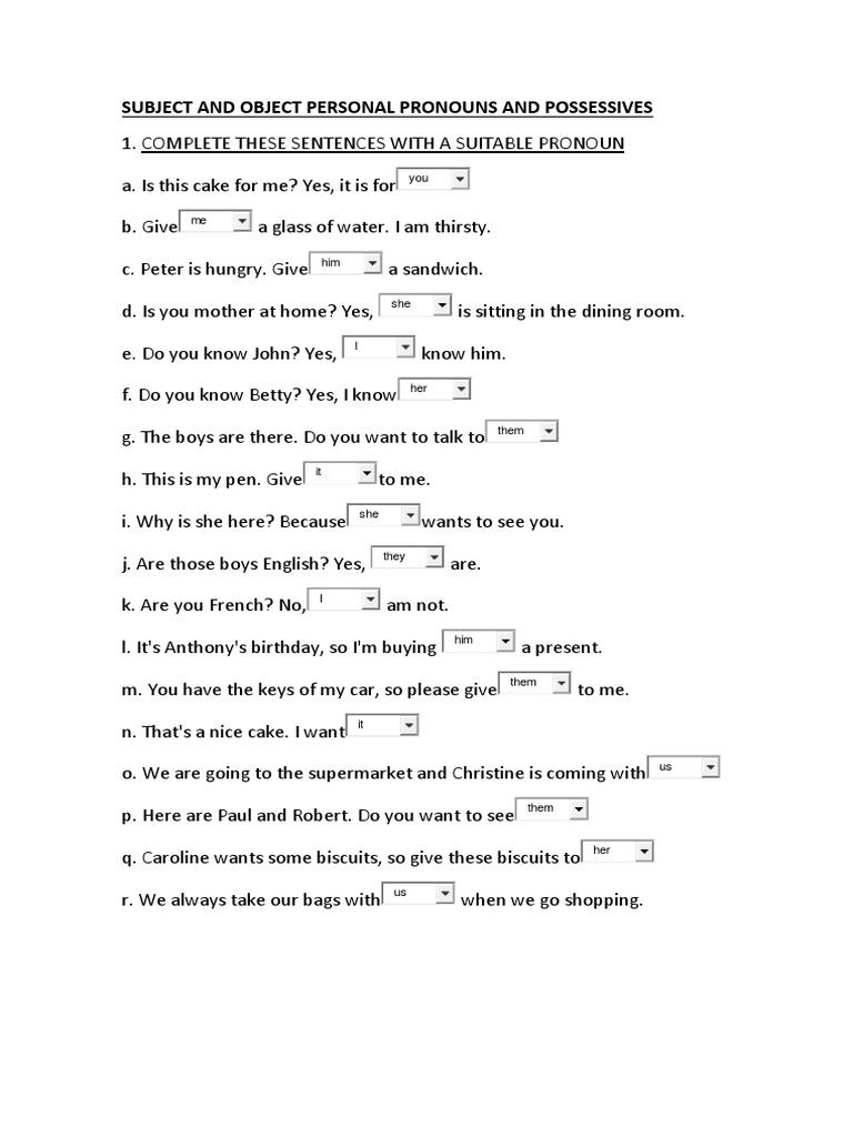 Pronouns and Possessives Worksheet | PDF