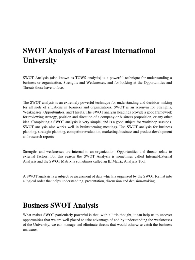 SWOT Analysis of Fareast International University | PDF | Swot Analysis ...