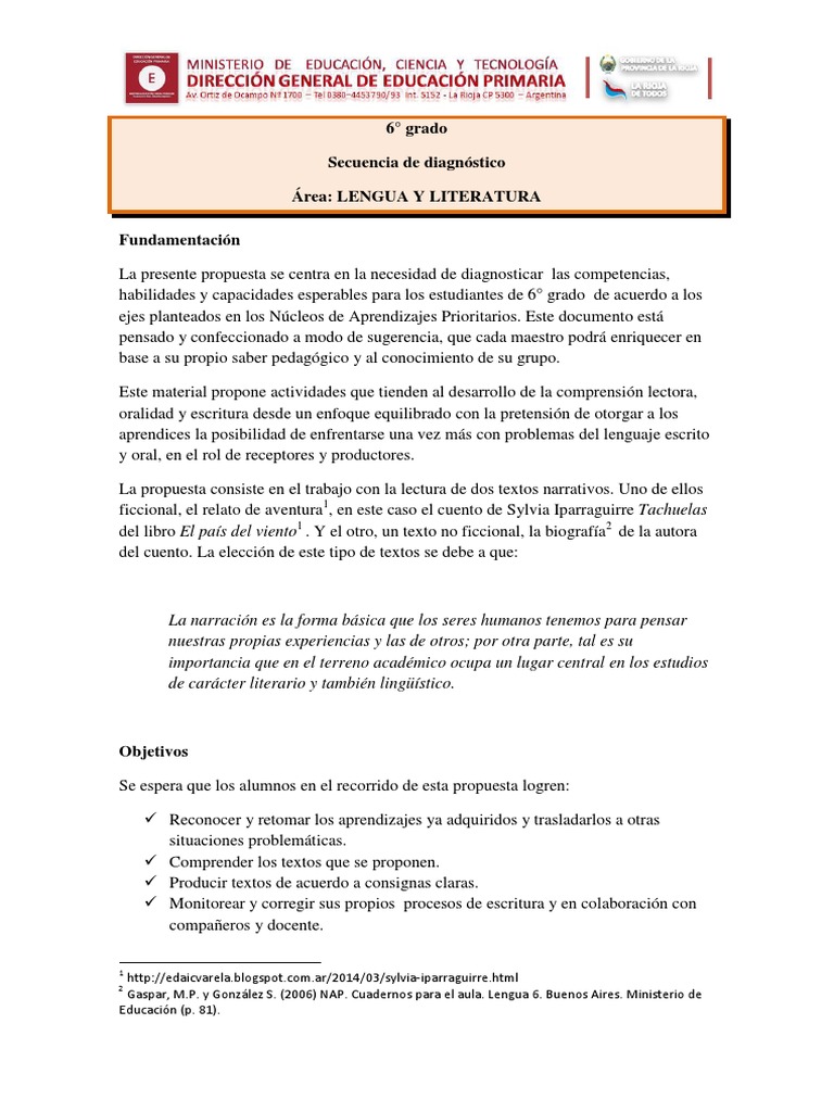 Diagnóstico de Lengua y Literatura 6° Grado | PDF | Narración | Lectura ...