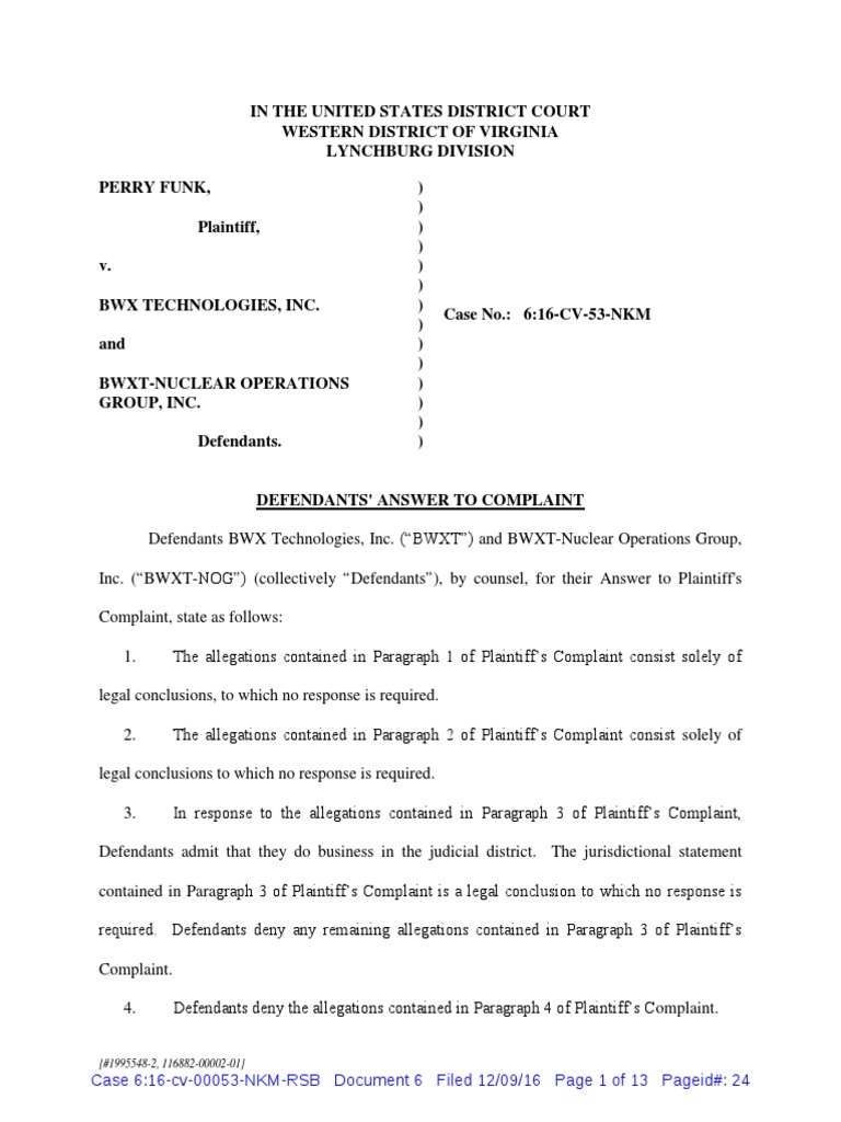 Defendants' Answer To Complaint | PDF | Plaintiff | Complaint