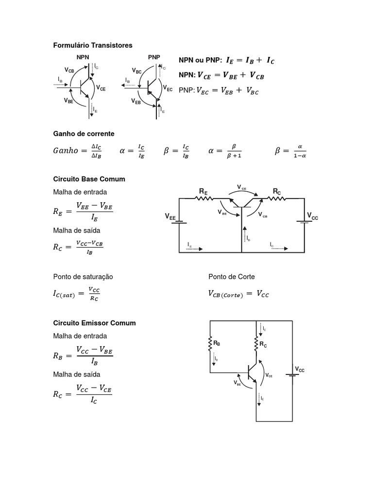Formulário Transistores | PDF