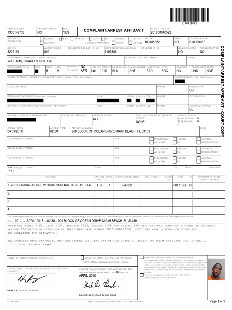 Complaint/Arrest Affidavit: Charles Keith Williams Jr. | PDF | Arrest ...
