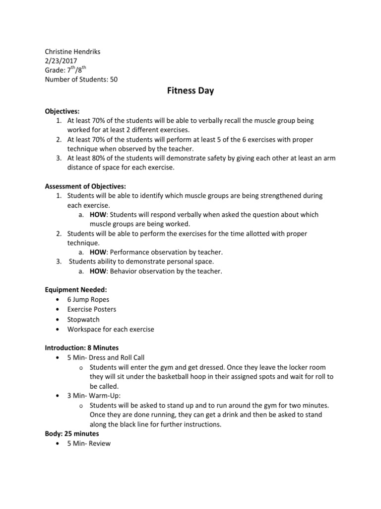 Lesson Plan Fitness Day | Download Free PDF | Physical Exercise ...
